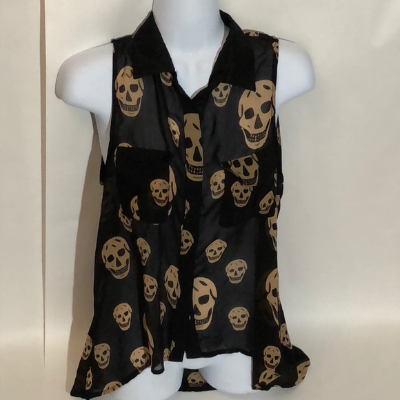 Tops | Sexy Sheer Black Gold Sleeveless Skull Blouse Sz S | Poshmark